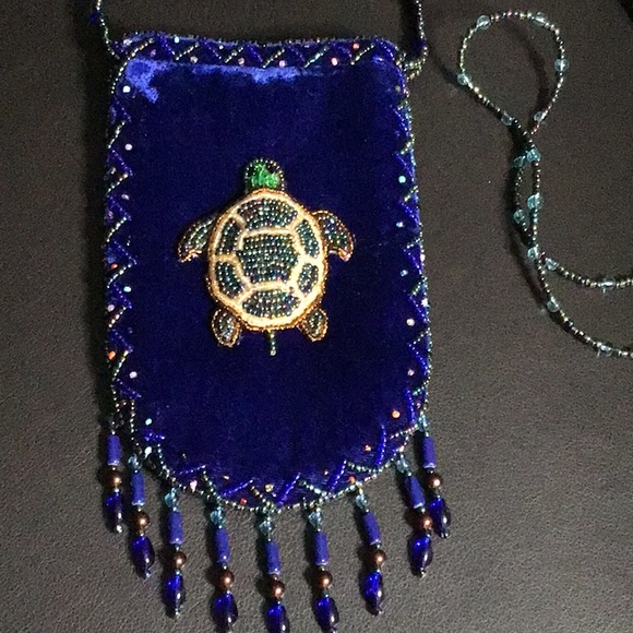 Bags | Beaded Turtle Motif On Blue Purple Velvet Crossbody Purse | Poshmark